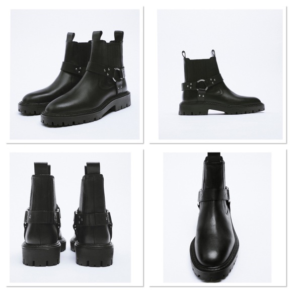 Zara | Shoes | Nwt Zara Black Low Heel Metal Detail Biker Style Ankle ...